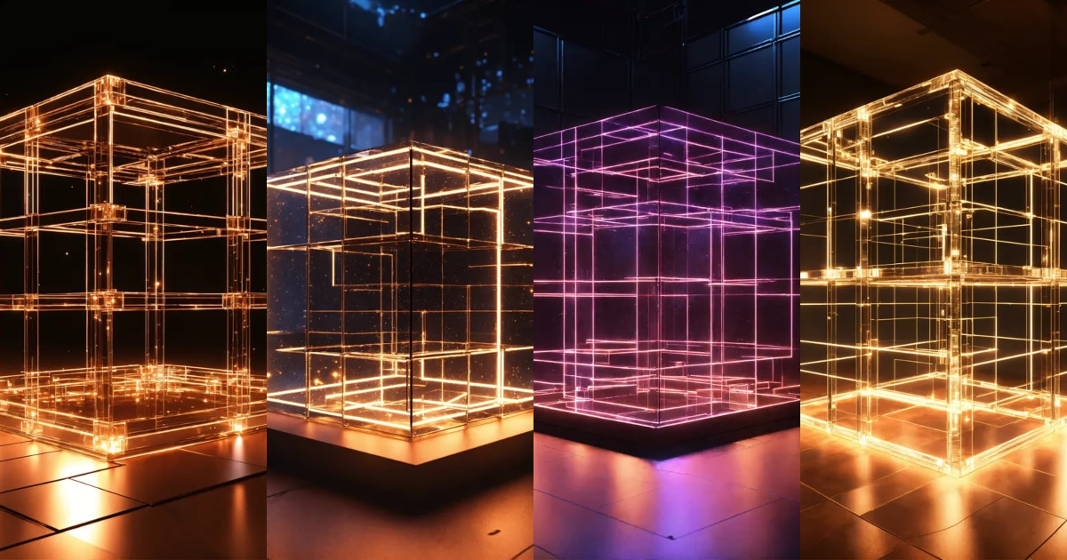 Lexica - Transparent cube, lines of cube radiant lights, in darkened ...