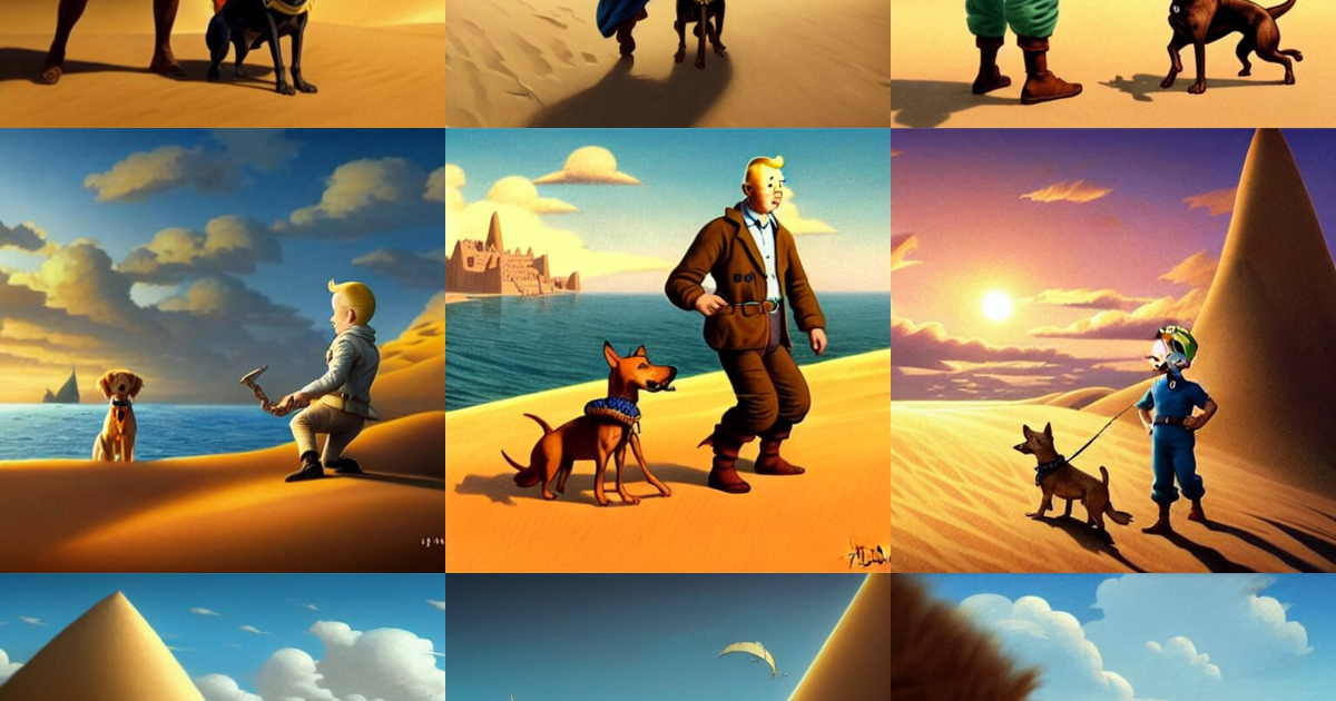 Lexica - Tintin with his dog on a sand dune, realistic, female, city in ...