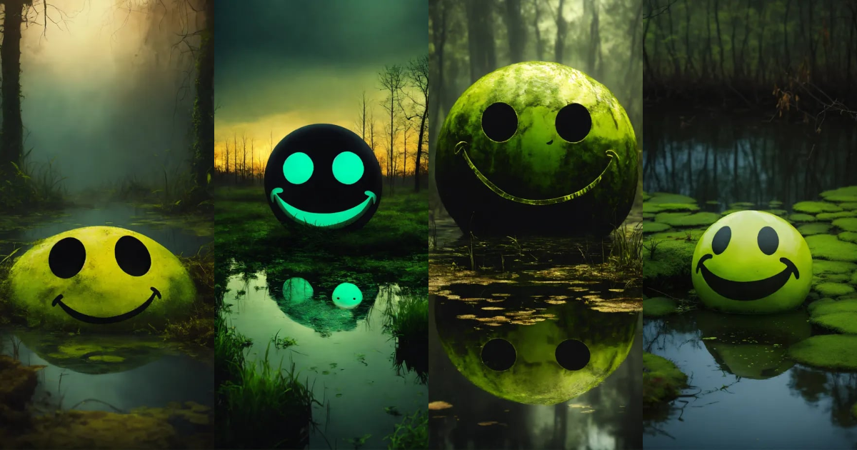 Lexica - Floating creepy smiley face in swamp dark estetic with text ...