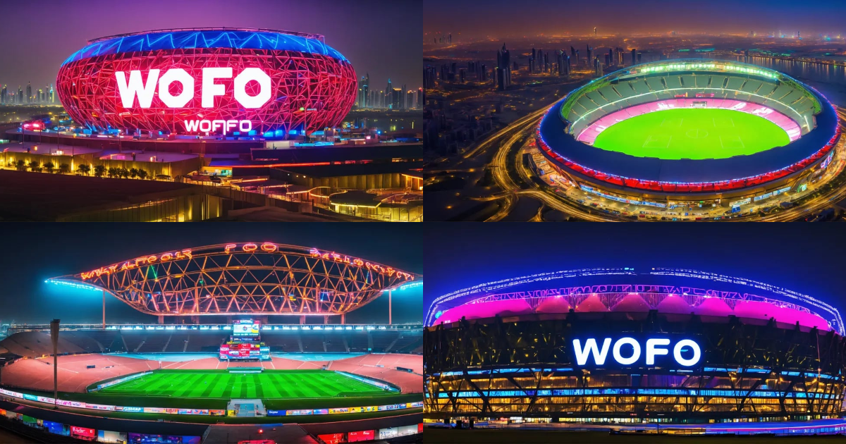 Lexica - Ball shaped stadium name WOFO with ball logo WOFO neon lights ...