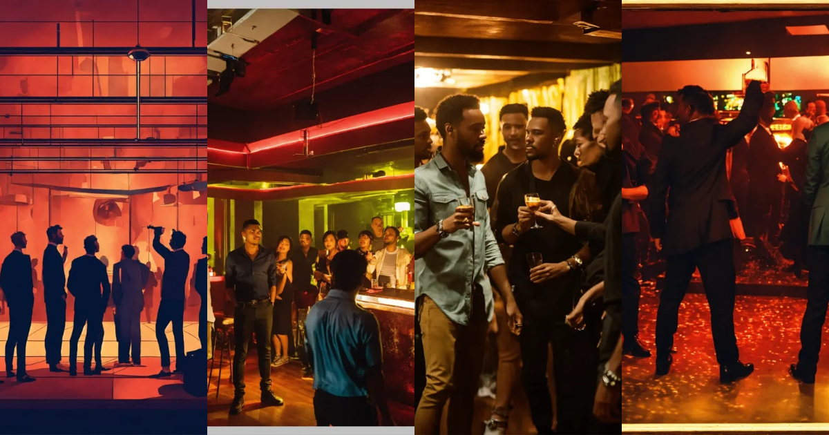 Lexica - Inside a club, one man is pointing 4 persons standing in a line