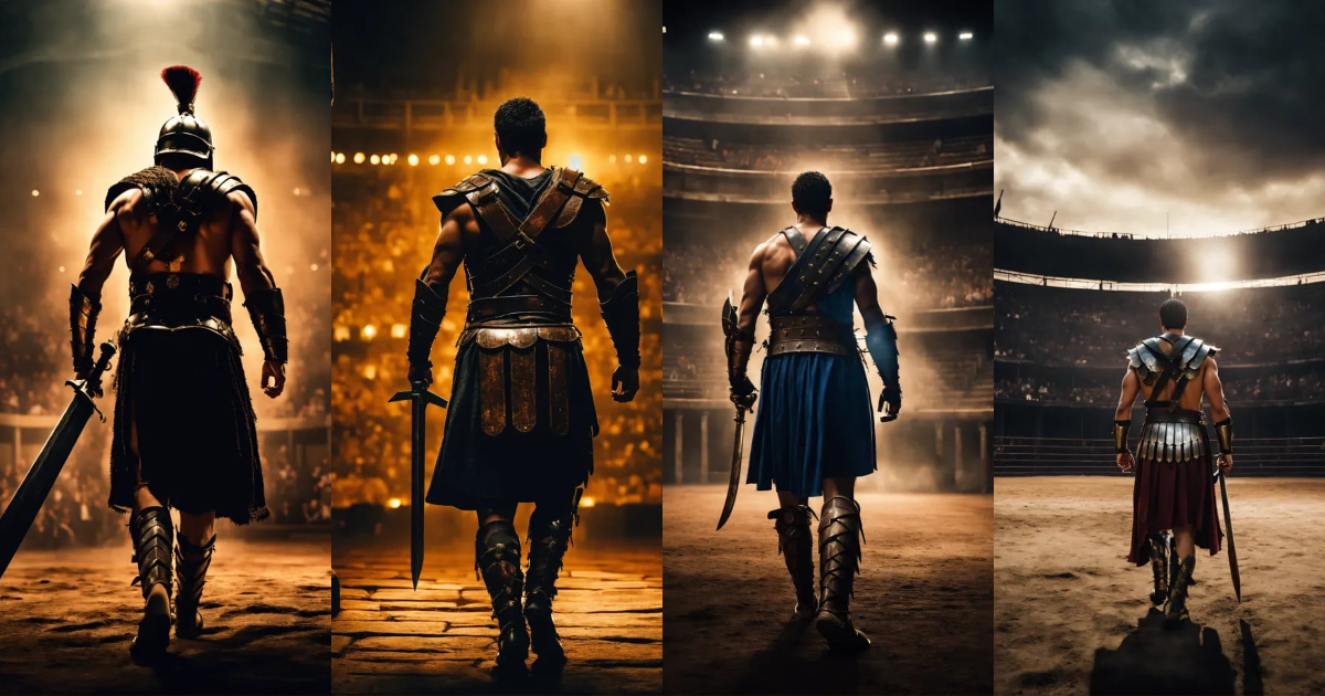 Lexica - Gladiator from the back entering in arena, dark atmosphere, he ...