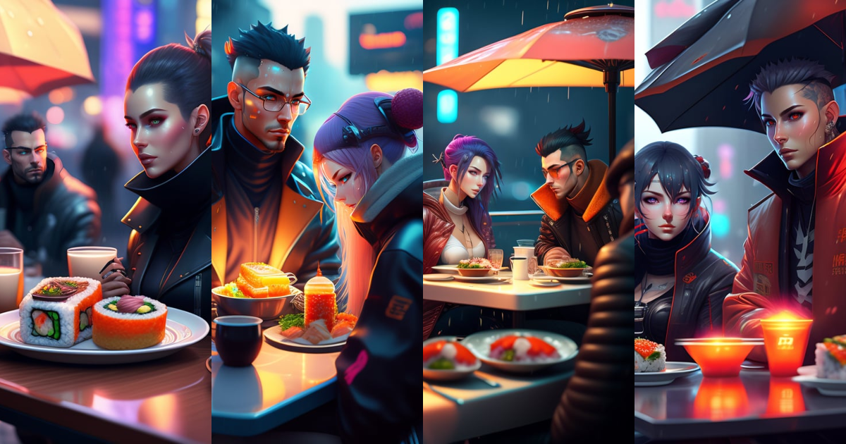 Lexica - A group of cyberpunk cyborg eating sushi on a table outside in ...