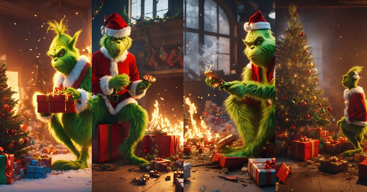 Lexica - A classical painting of evil Grinch standing around destroyed ...