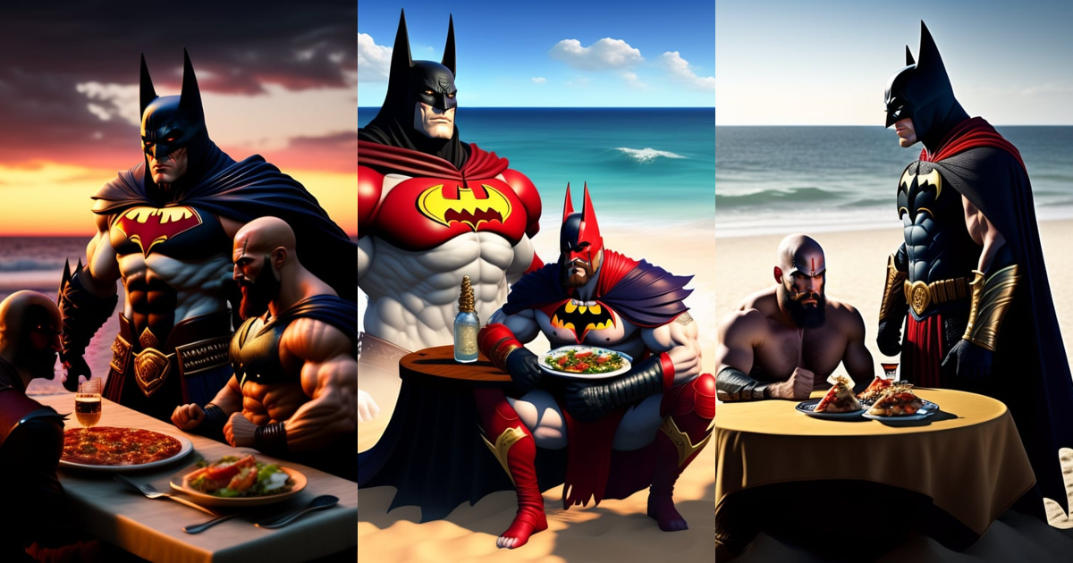 Lexica - KRATOS AND BATMAN HAVING DINNER ON A BEACH
