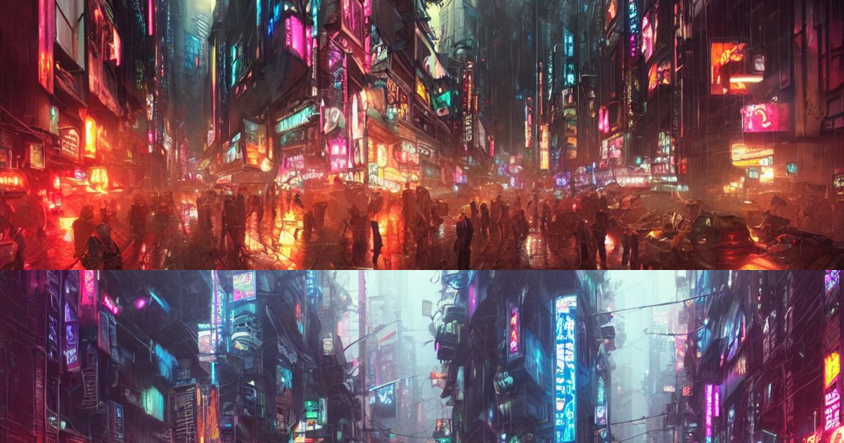 Lexica - Overly crowded street of a cyberpunk city, rain, harsh neon ...