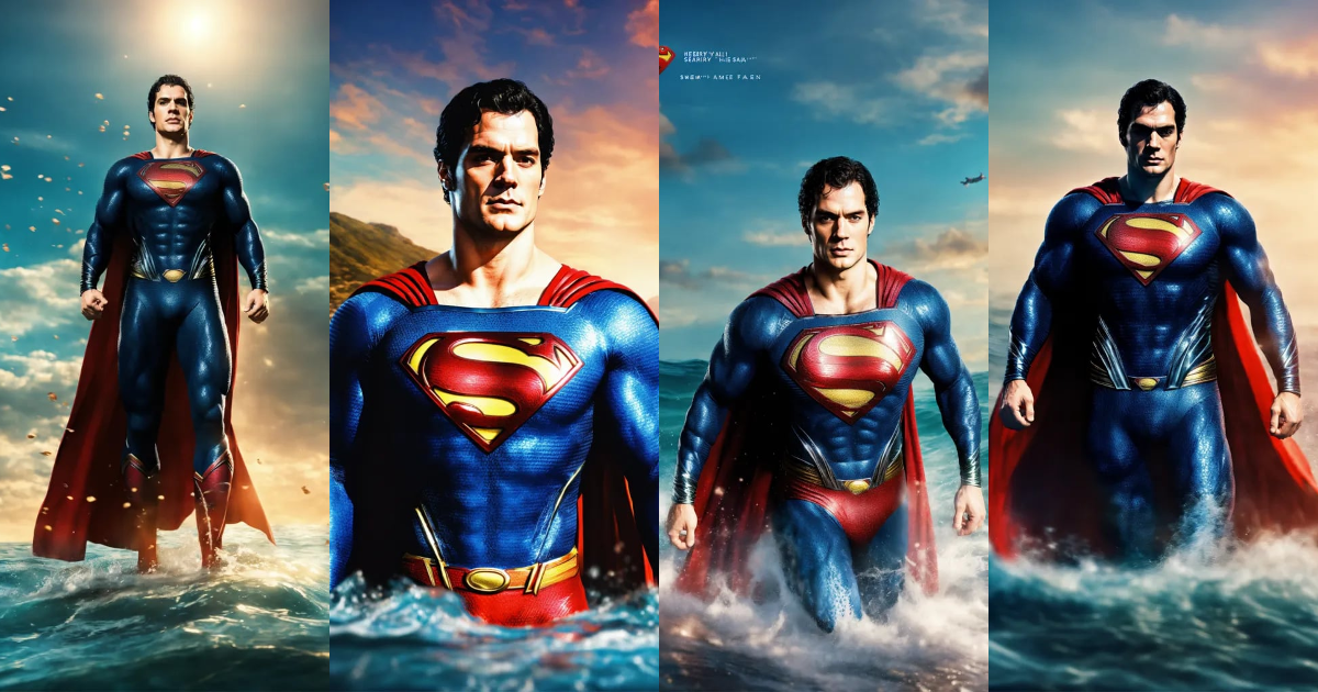 Lexica - Henry Cavill Superman swimming on the sea full-body, colorful ...