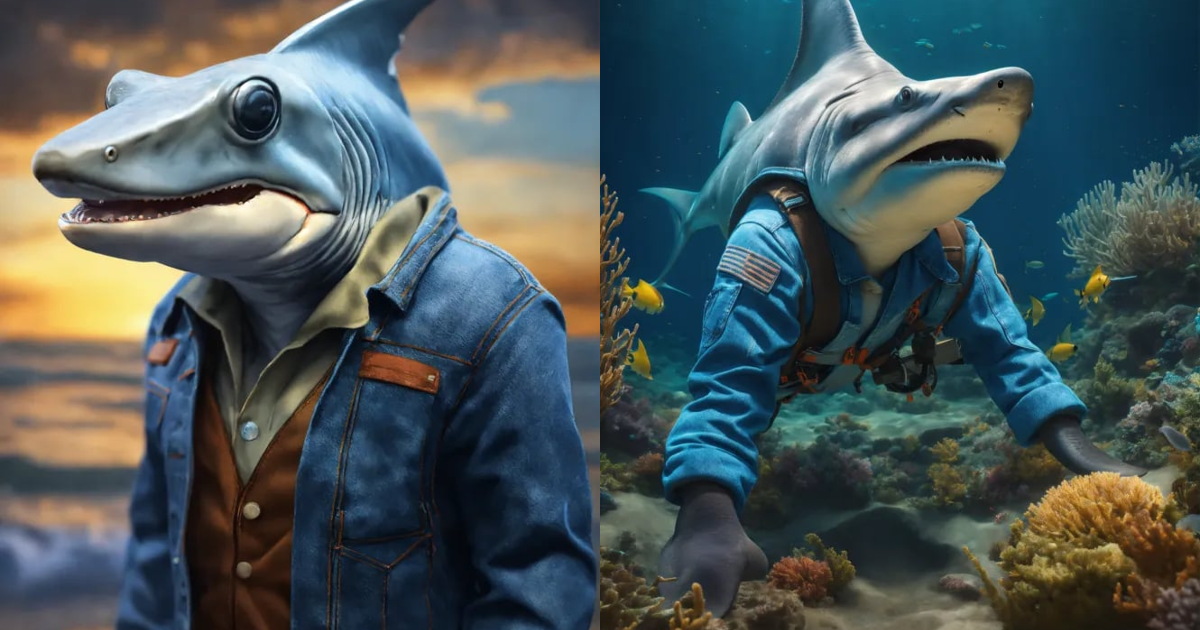 Lexica - Extremely realistic hammerhead fish. In denim overalls. He ...
