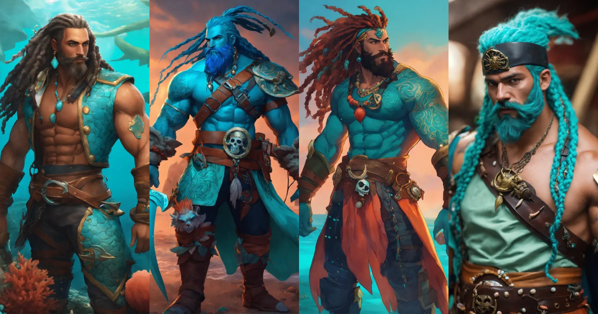 Lexica - A buff muscular Blue skinned Triton pirate . He wears coral ...