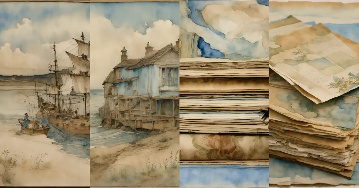 Lexica - Stacked papers watercolour painting with muted tones, faded ...