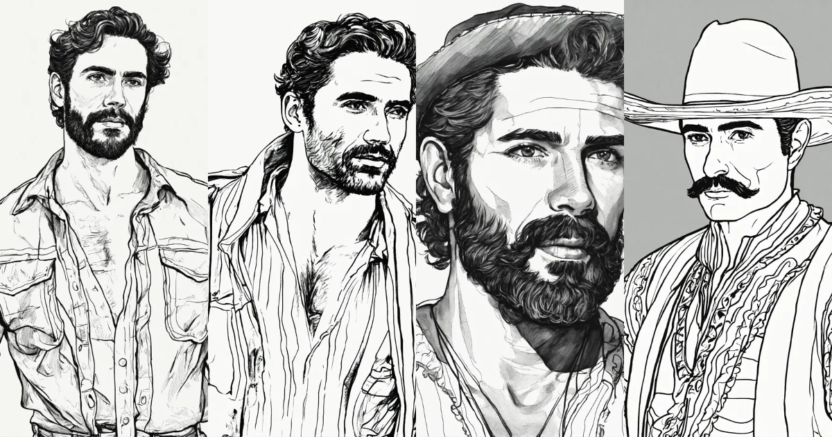 Lexica - Black and white line drawing of Spanish man upper body, white ...