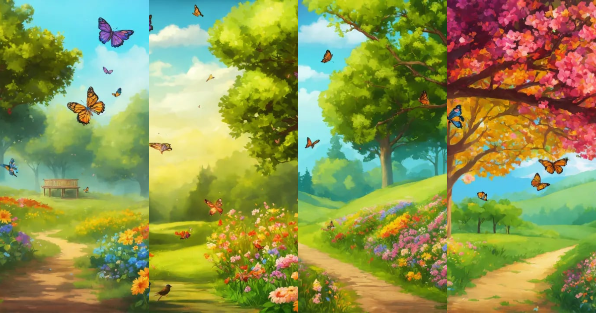 Lexica - Summer landscape with big trees. lots of colorful flowers ...