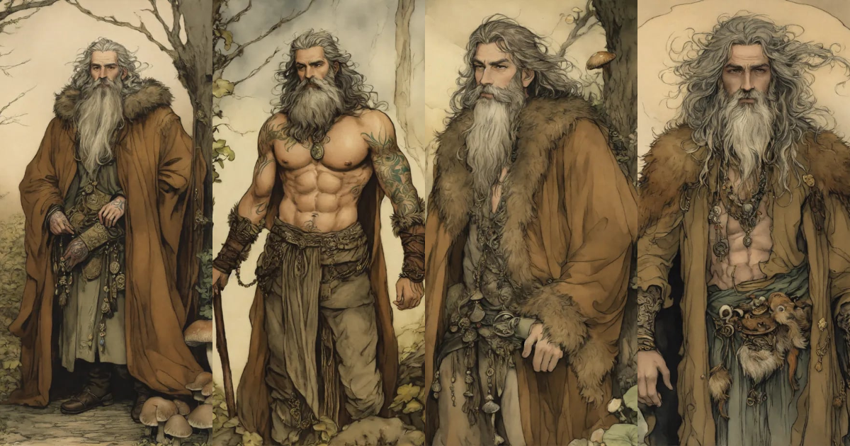 Lexica - Illustration by Arthur Rackham, skinny druid, ribs are showing ...