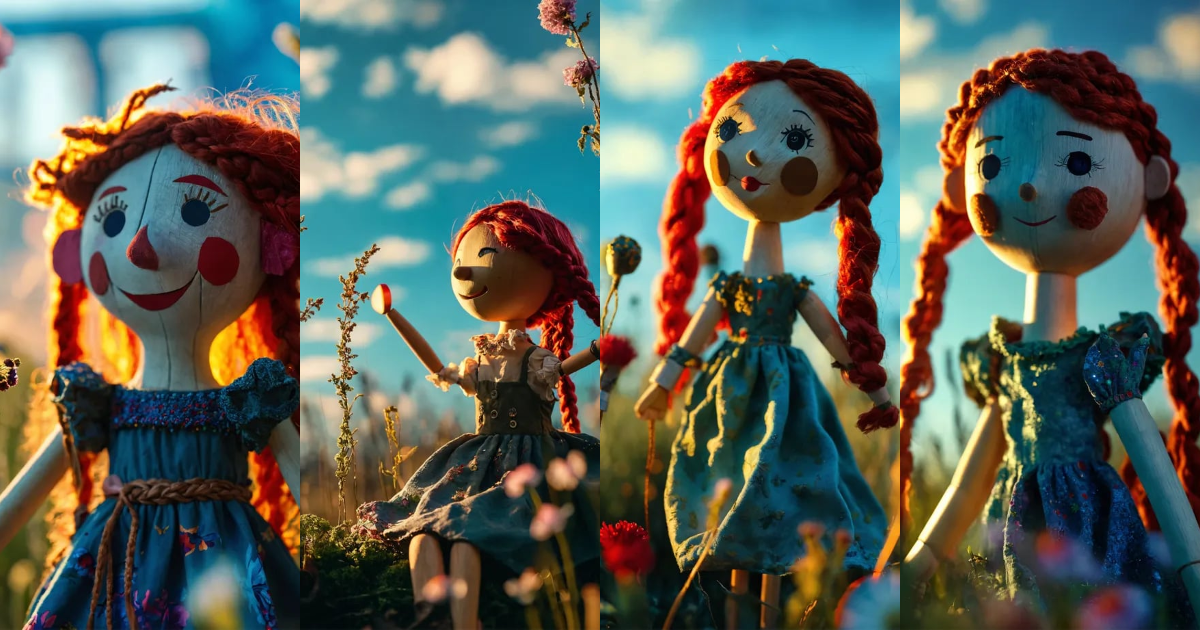 Lexica - One wooden puppets, a red-haired girl with braids, happy ...