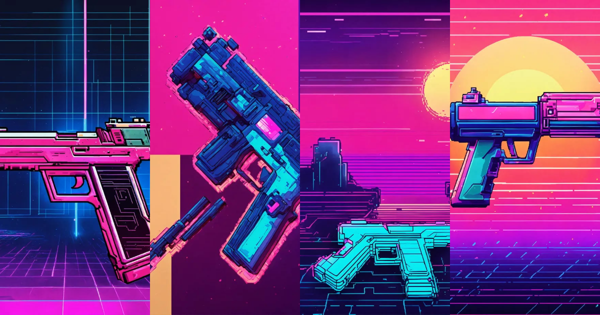 Lexica - Pixelated gun lineart retrowave