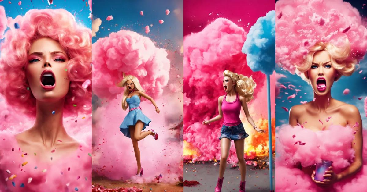 Lexica - Digital art screaming Angry Barbie doll destroying the world exploding candyfloss