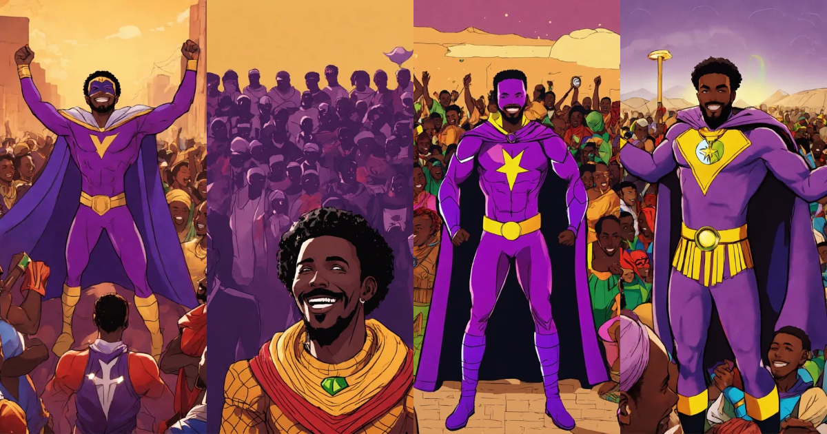 Lexica - An Ethiopian purple costume superhero person surrounded by a ...