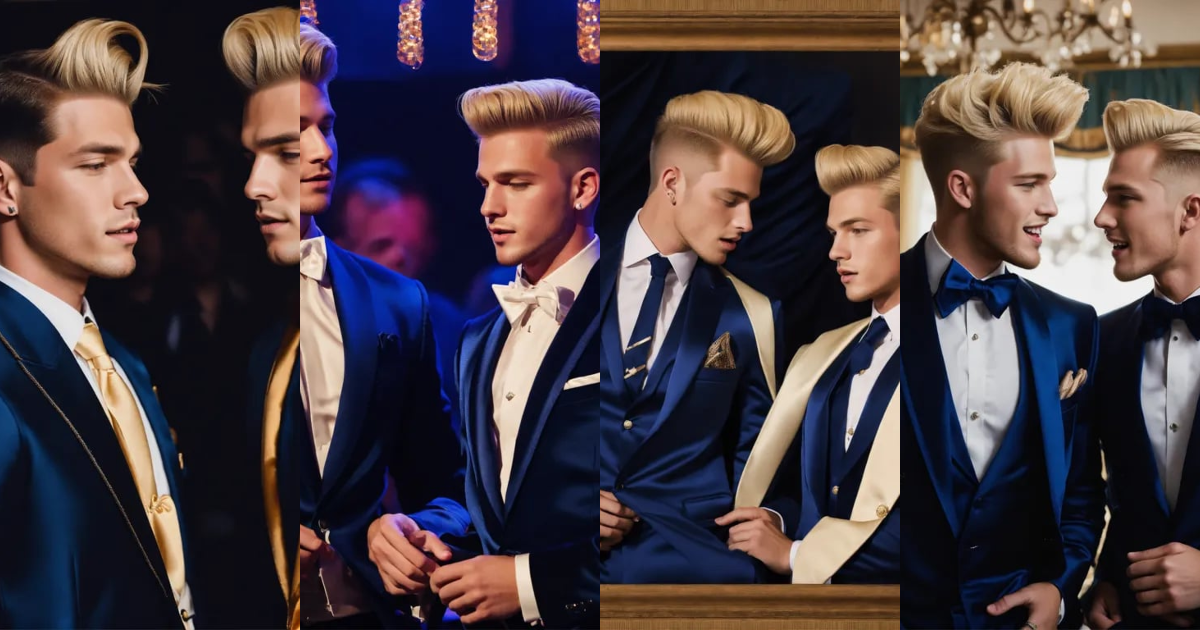 Lexica - Two young male blonde singers in satin navy vested suit ...