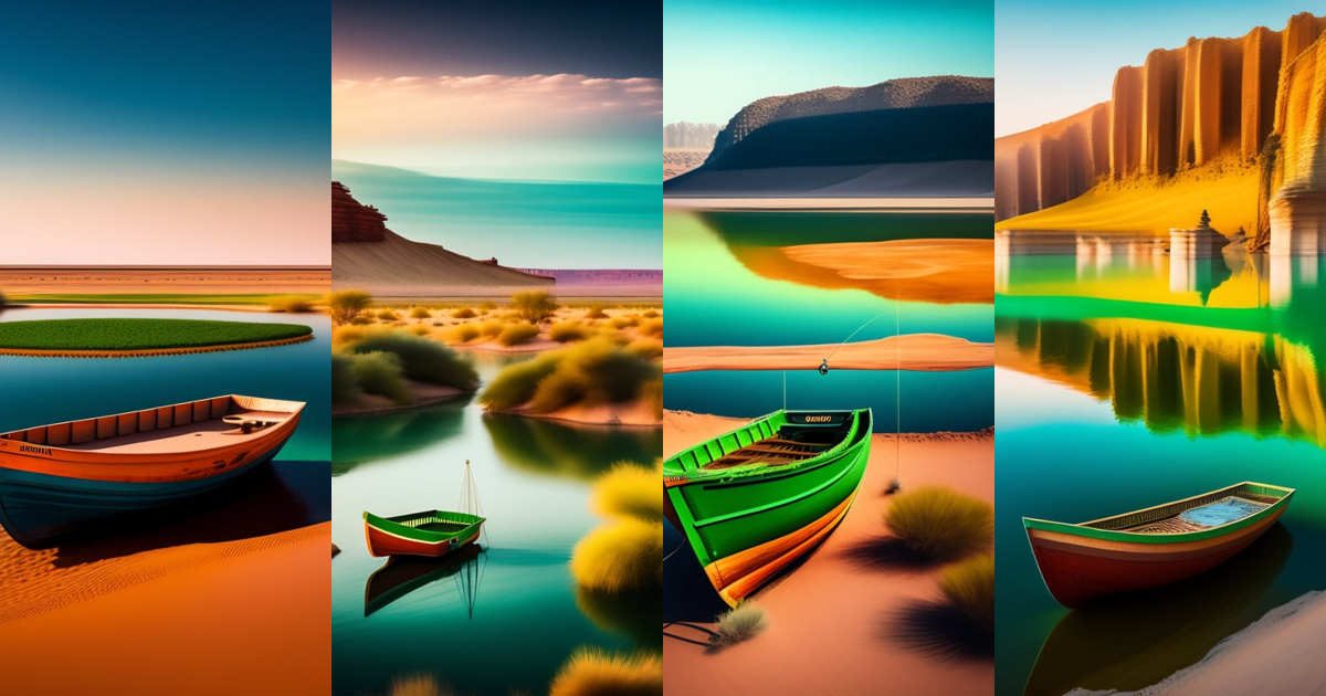 Lexica - A mixture of lake, desert and greenery with a fishing boat in ...