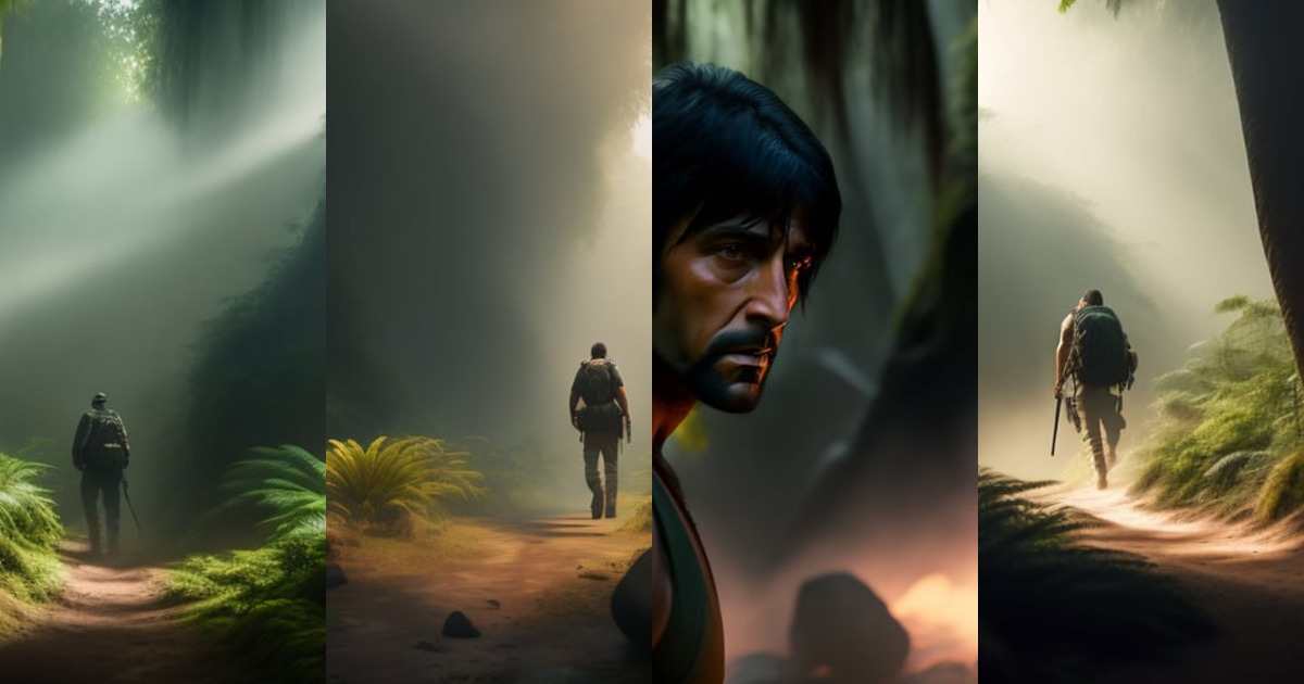 Lexica - Action shot of john rambo in a jungle, cinematic lighting ...