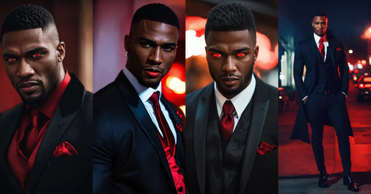 Lexica - Handsome black man, vampire with red eyes, black suit
