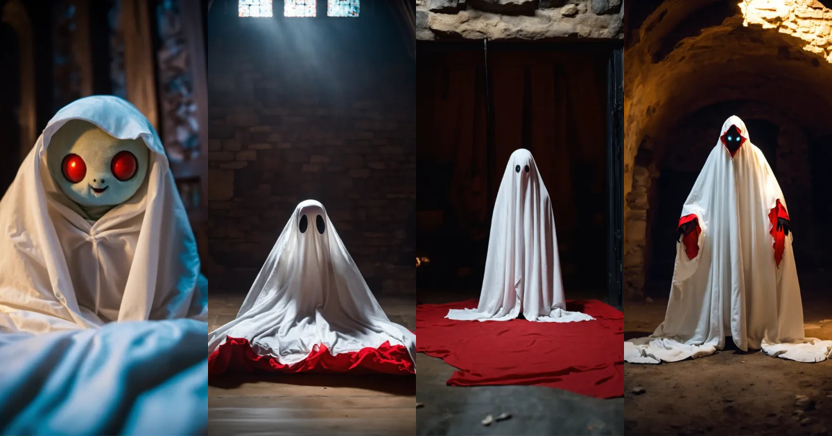 Lexica - A tiny creature in a ghost costume. The costume is a white ...