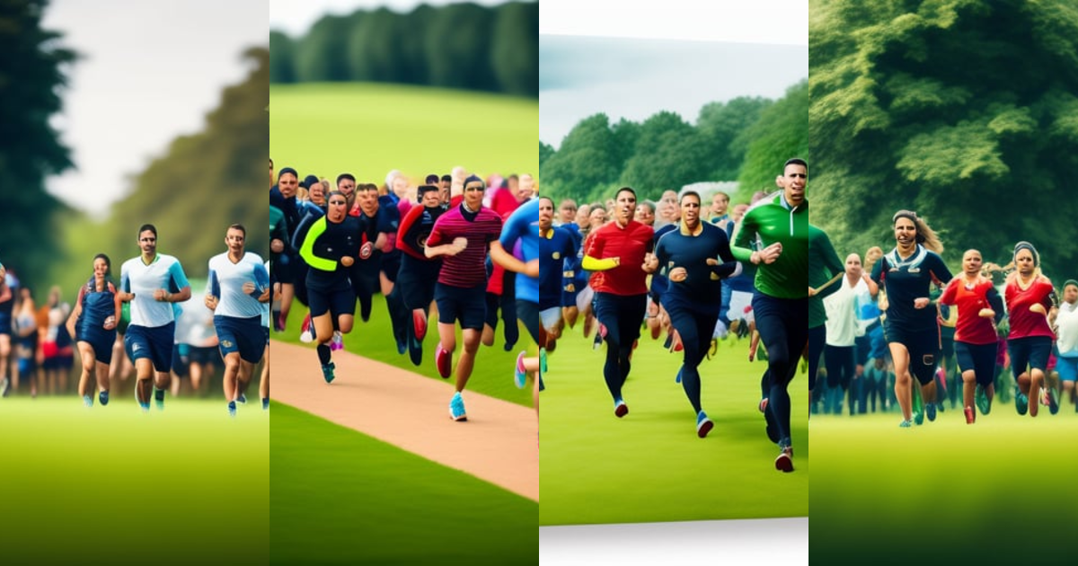 Lexica - Background full of people chasing, front view, green grass ...