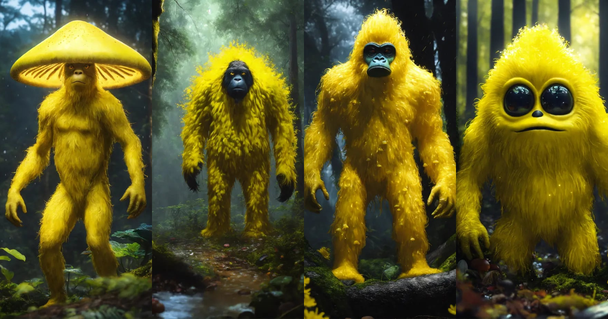 Lexica - A realiste yellow bigfoot alien , big eyes blacks , mushrooms ...
