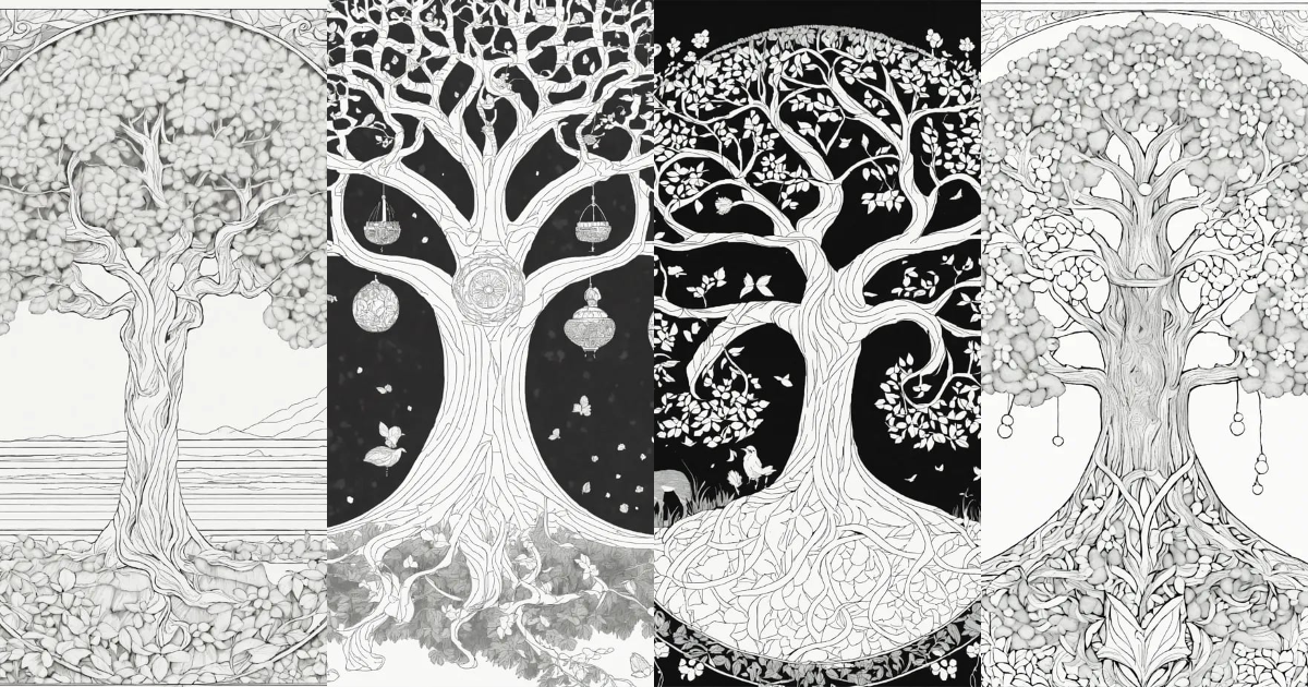Lexica - B/w outline for coloring book page, tree of lfe, sketch art ...