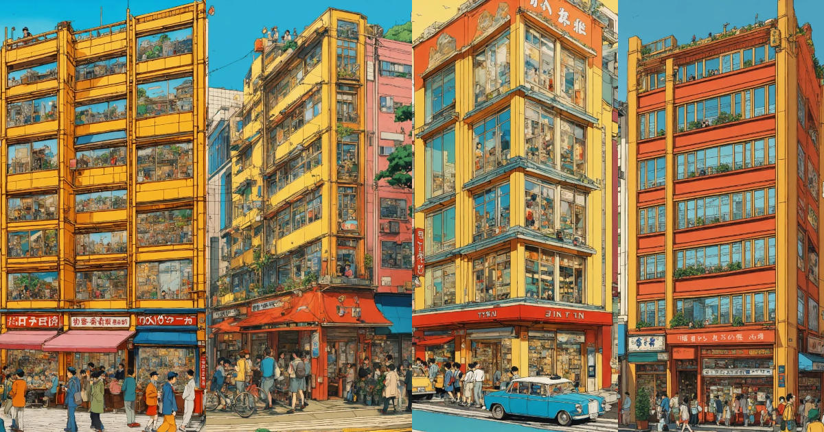 Lexica - Detailed, vibrant illustration of a Tokyo building, by Herge ...