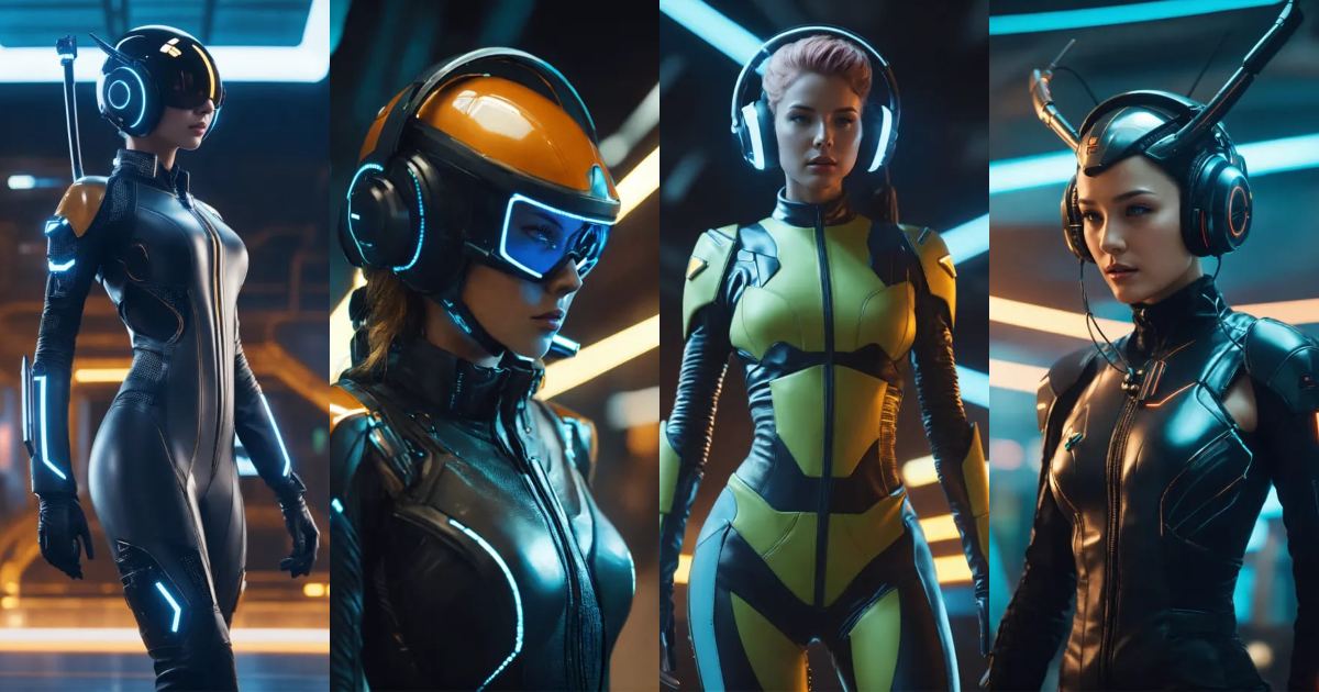 Lexica - Wide shot of a female super spy wearing a tight futuristic spy ...