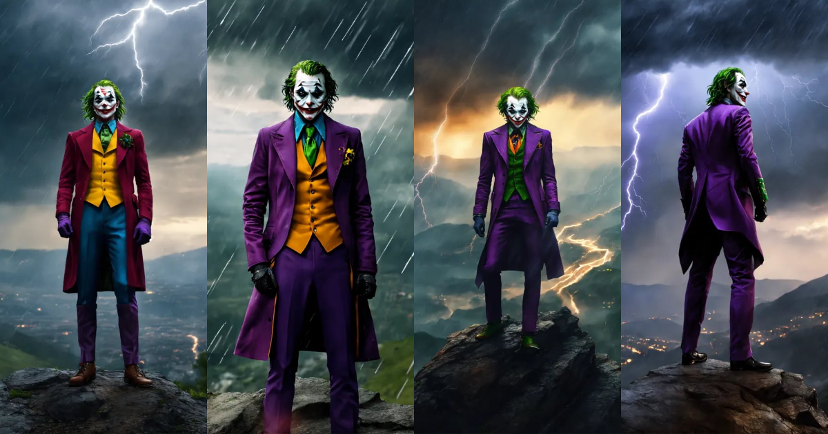 Lexica - Joker is standing on a mountain. The weather is raining ...