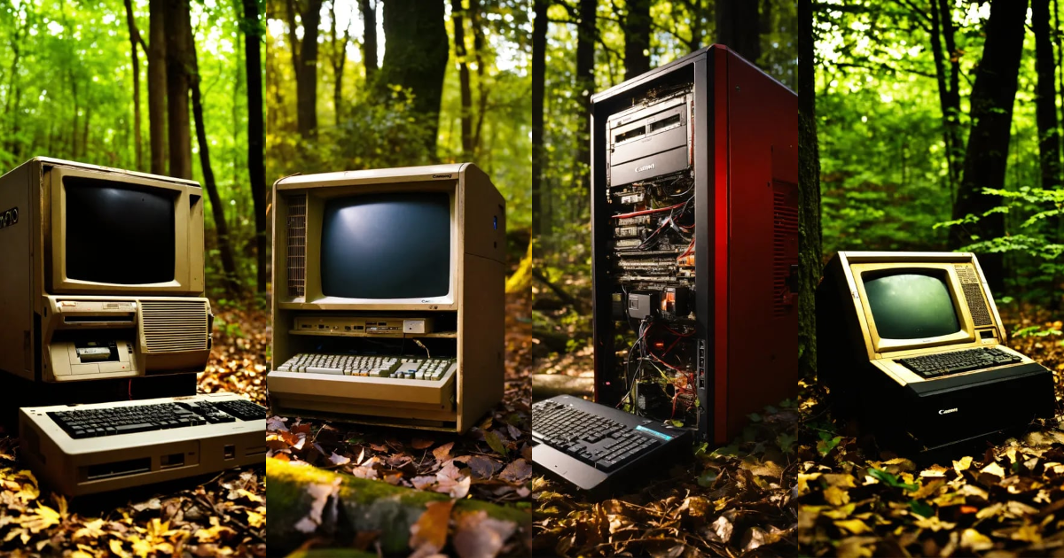 Lexica - Compaq desktop computer abandoned in the woods, canon EOS 5D ...