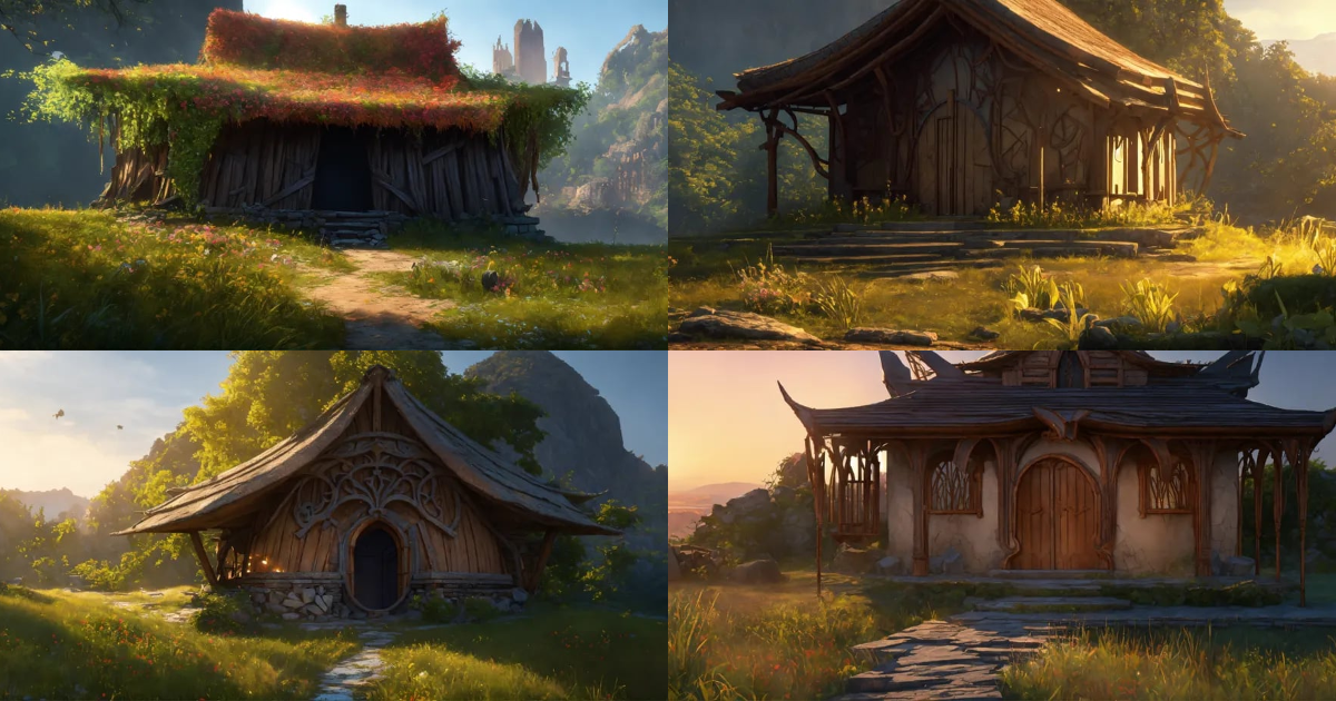 Lexica - CG render, an elven style hut in mystical ruins, with black ...