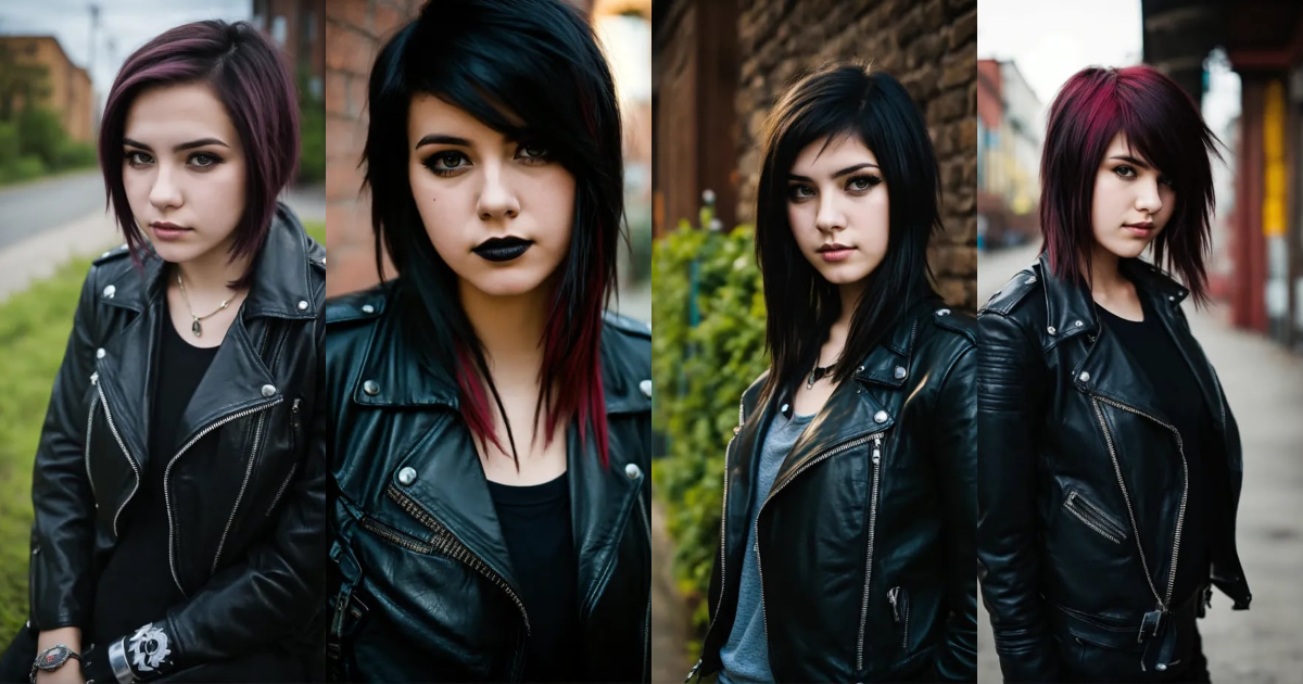 Lexica - 20 year old emo girl wearing a black leather jacket, urban ...