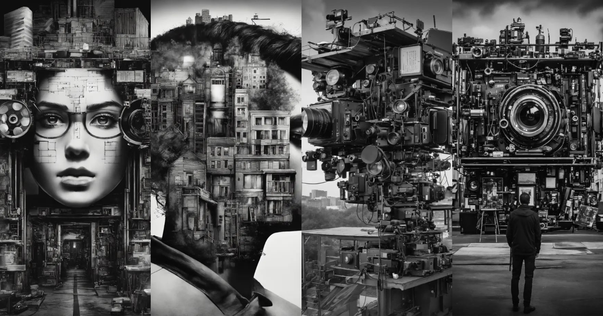 Lexica - CONCEPTUAL BW INK ART, CINEMATOGRAPHY GEAR ARRANGED IN FORM OF ...