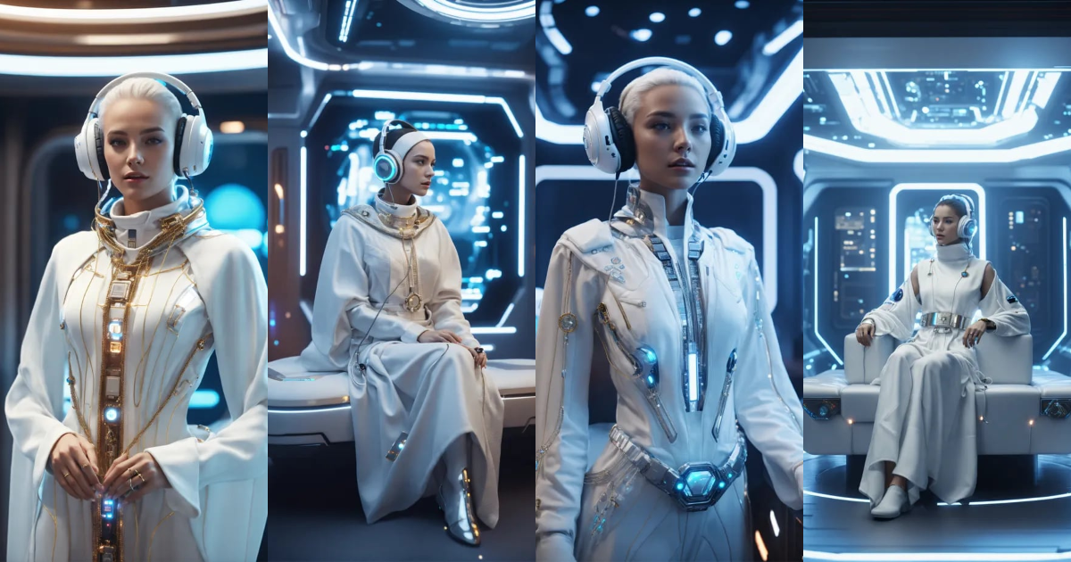 Lexica - Zoom out from a white humanoid, wearing a fancy space robe ...