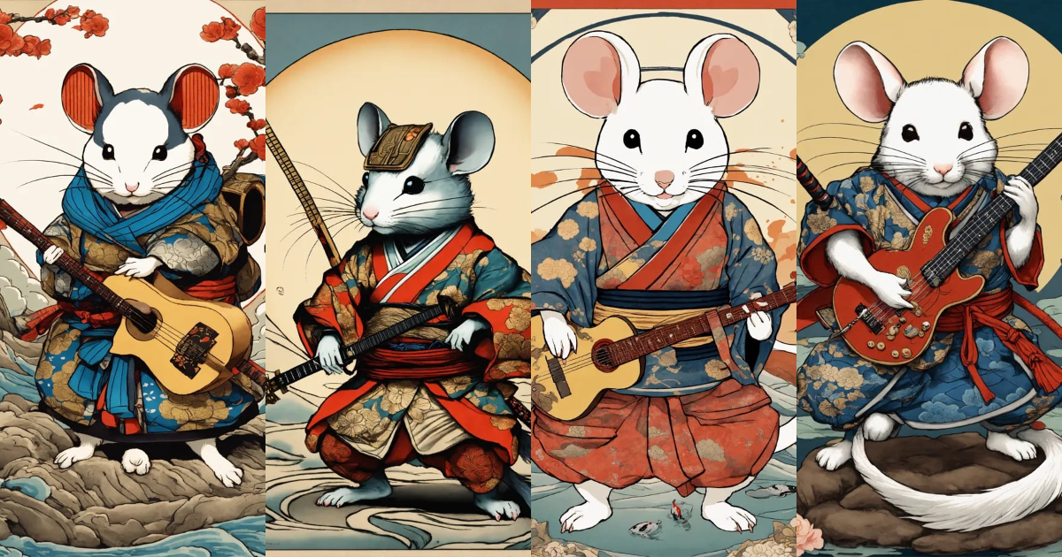 Lexica - There is a mouse with a guitar on a white background, samurai ...