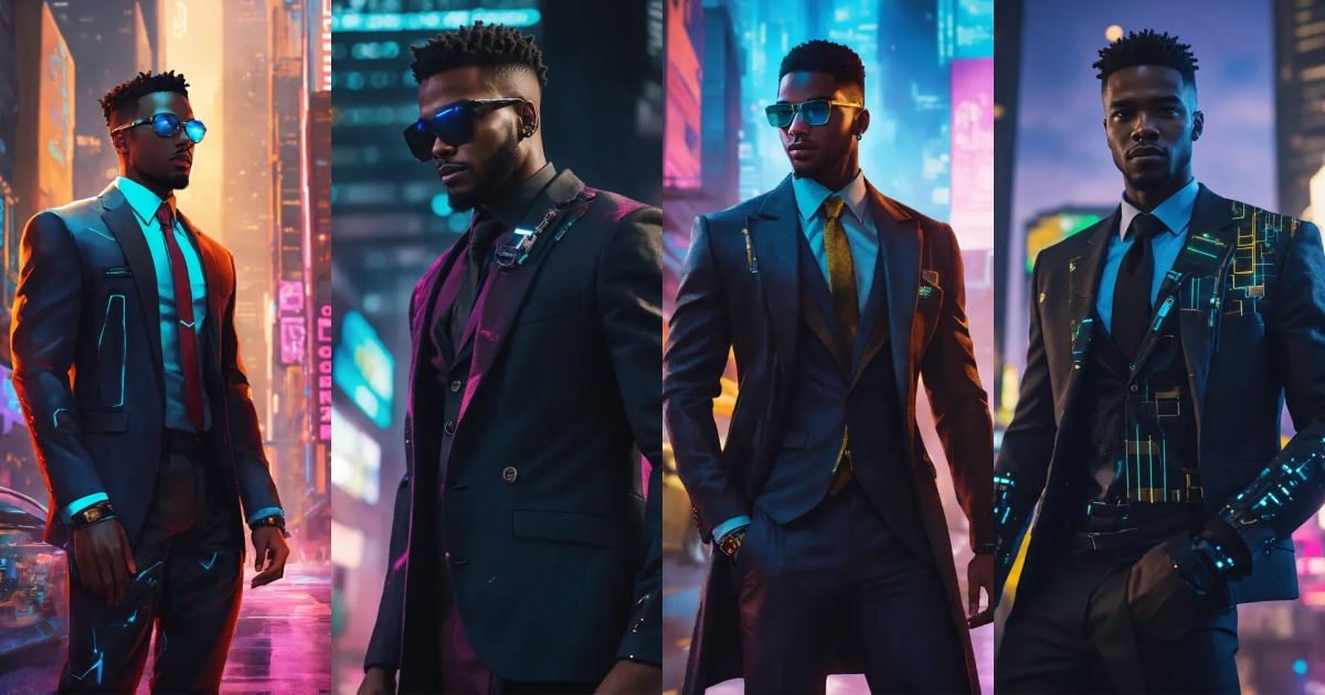 Lexica - A black male cyber criminal in a stylish suit in a cyberpunk city