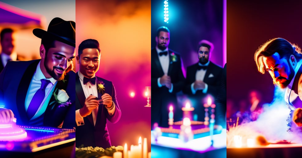 Lexica - A magician performs magic for brides, retrowave stage