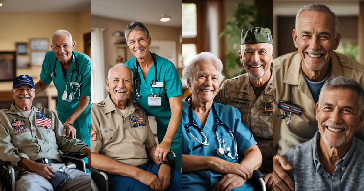 Lexica - Generate an image of a veteran smiling with a healthcare giver ...