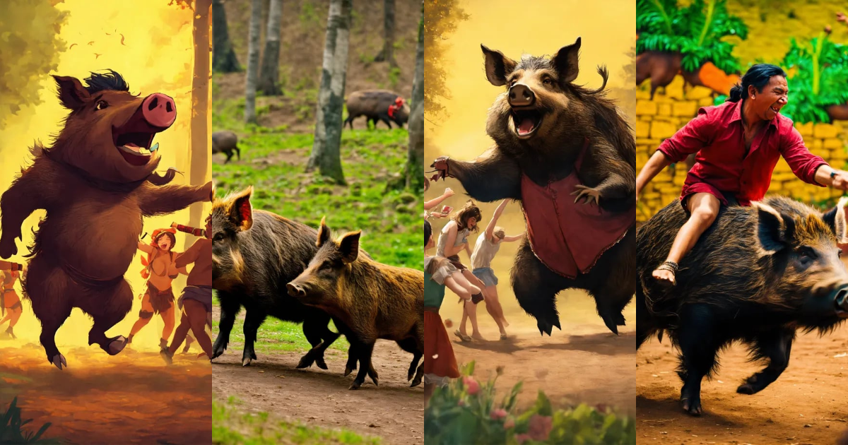 Lexica - Humoristic human wild boar dance with people of Friends