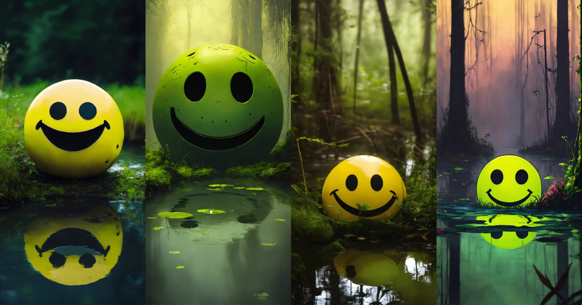 Lexica - Floating creepy smiley face in swamp dark estetic