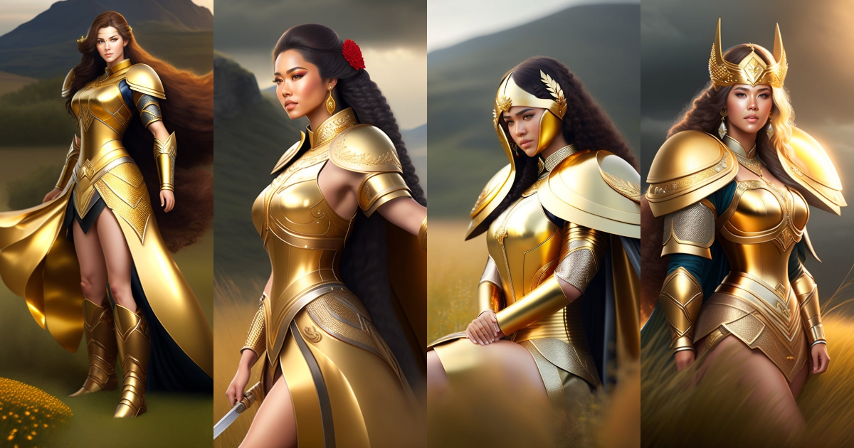 Lexica - Strong warrior princess| gold God armor, bible in her hand, one knee on floor, centered ...