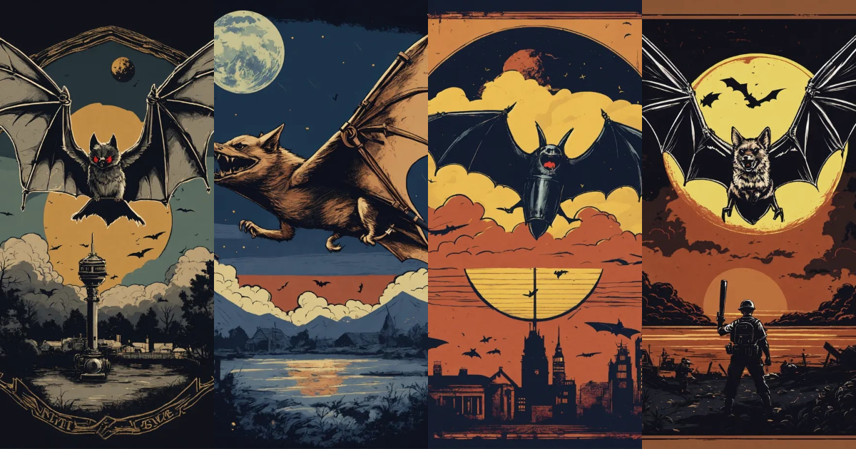 Lexica - T-shirt design, aggressive flying bat holding WWII bomb, dark sky
