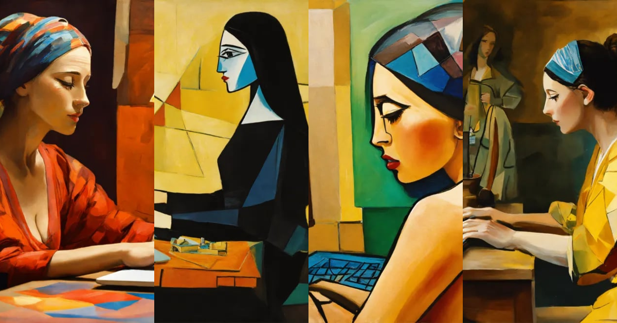 Lexica - A woman is using a computer, Picasso-style