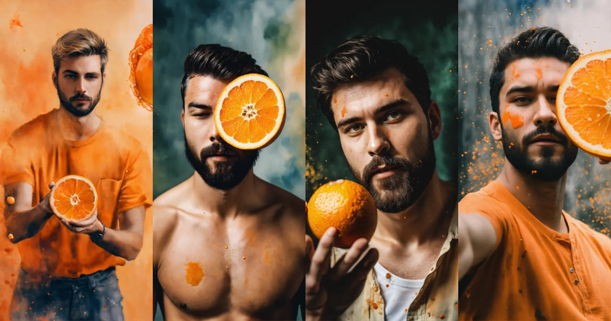 Lexica - Frontal view of a man throwing an orange with a watercolor effect
