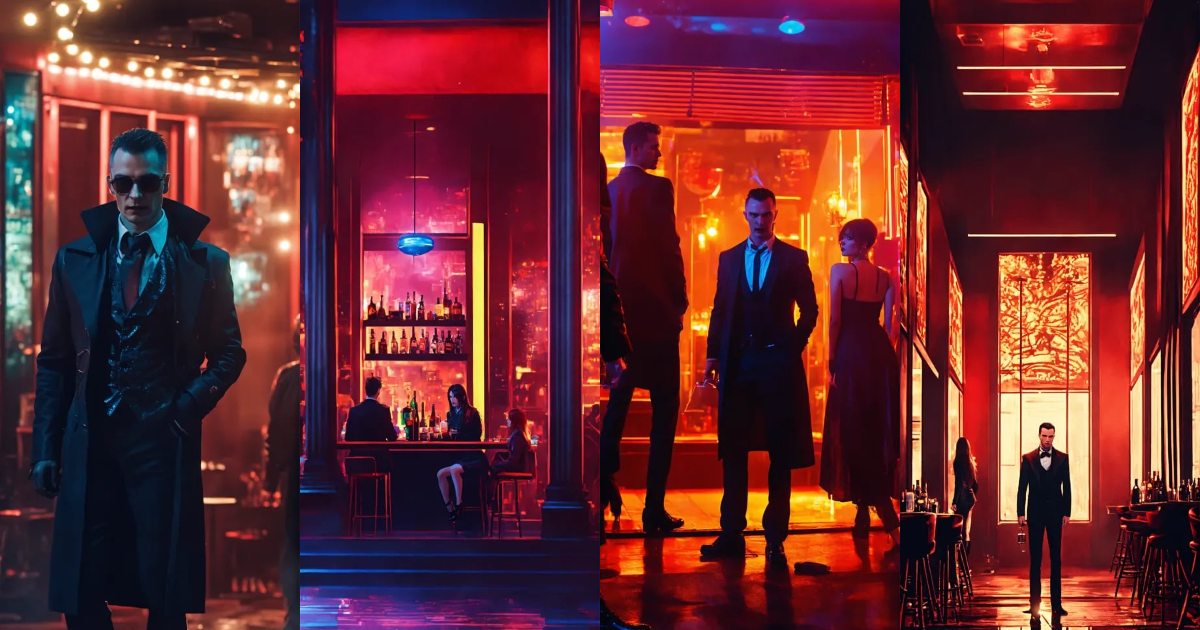 Lexica - Cinematic look, urban city night club bar with guests ...