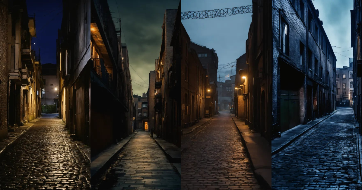 Lexica - A dark alley with buildings on the side, view from alley ...