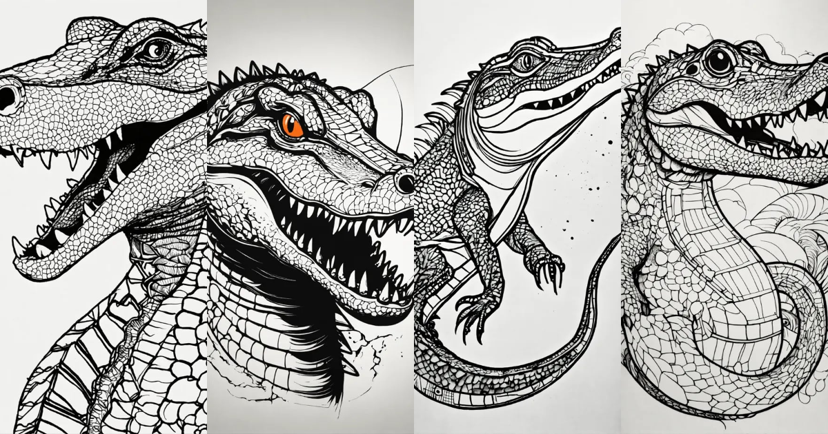 Lexica - Black and white bold line drawing, simple alligator flash ...